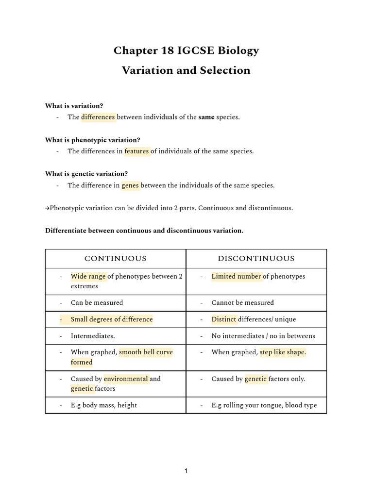 Variation and Selection in IGCSE Biology | PDF | Genetic Diversity ...