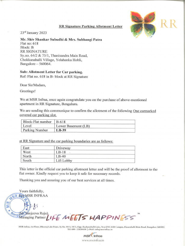 Parking Allotment Letter B-618 | PDF