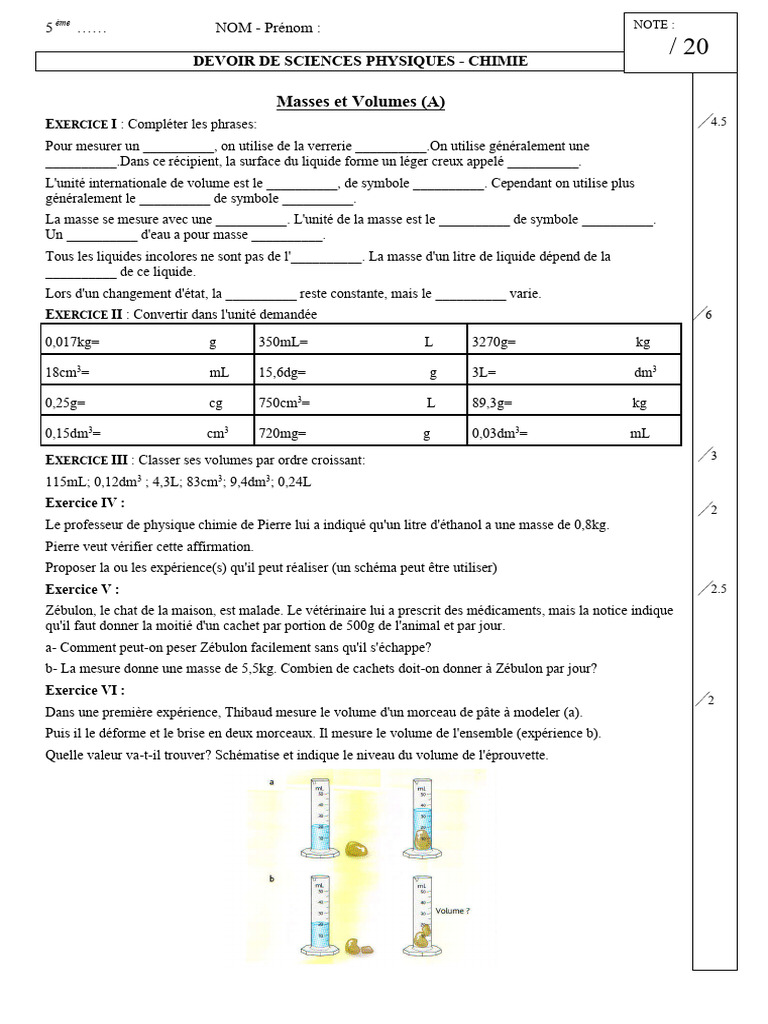 Devoir de Sciences Physiques : Masses et Volumes | PDF | Phénomène ...