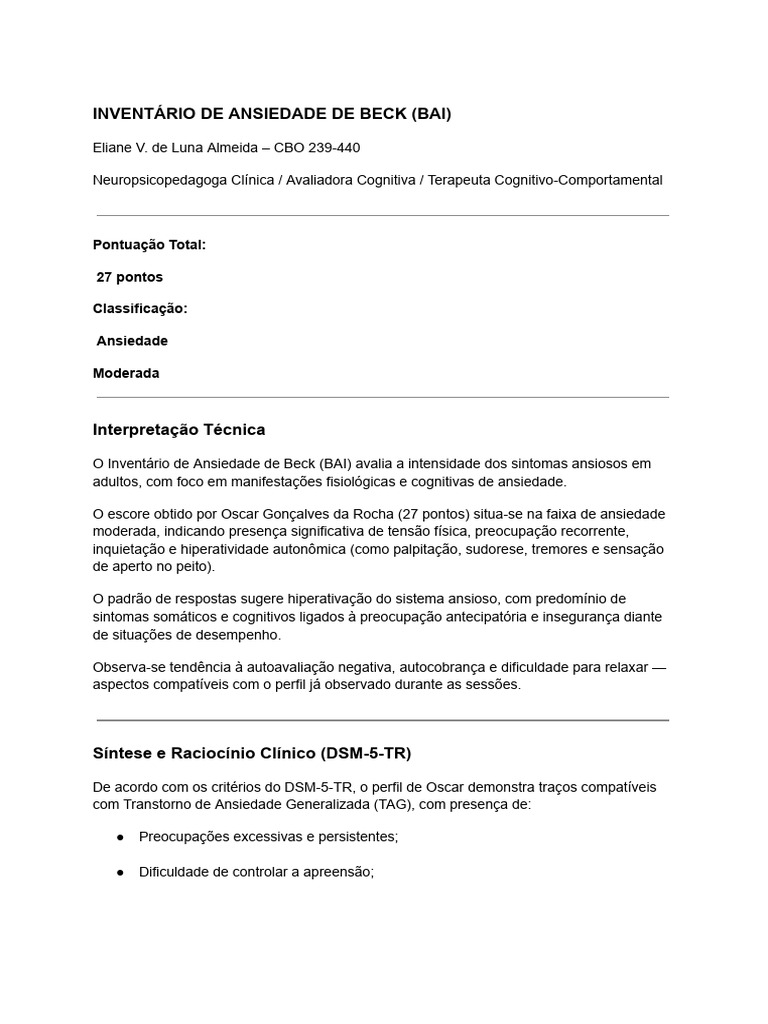 INVENTÁRIO DE ANSIEDADE DE BECK (BAI) | PDF | Ansiedade | Transtorno de ...