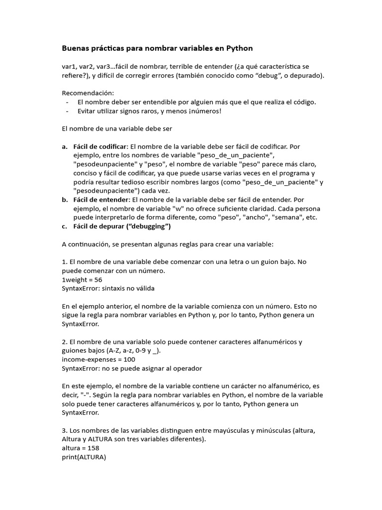 Buenas prácticas para nombrar variables en Python | PDF | Python ...