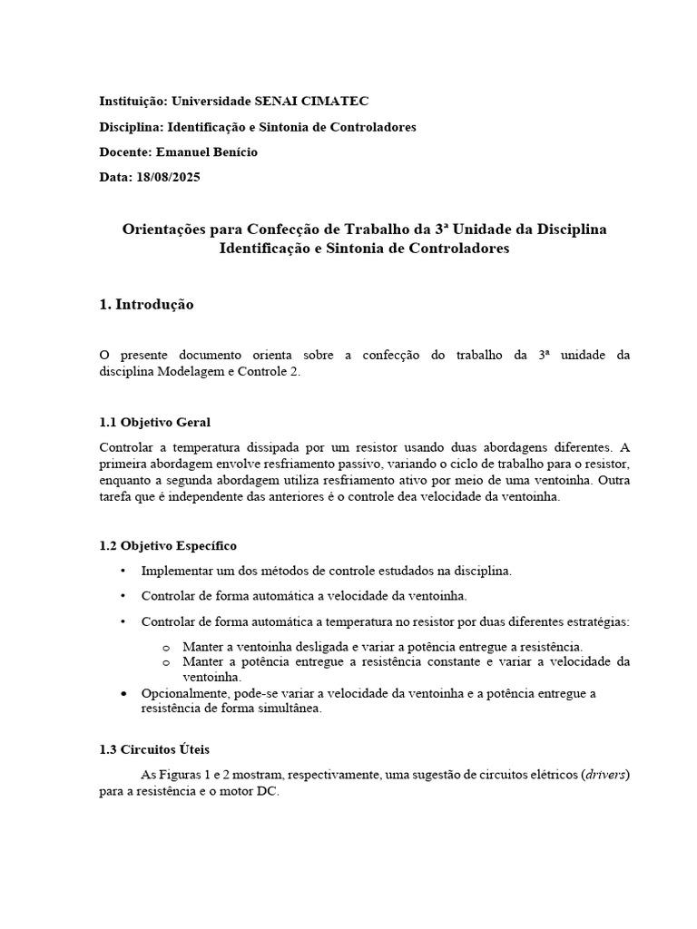 Trabalho - 3a Unidade - Modelagem e Controle 2 - 2025-2-1 | PDF | Rede elétrica | Resistor