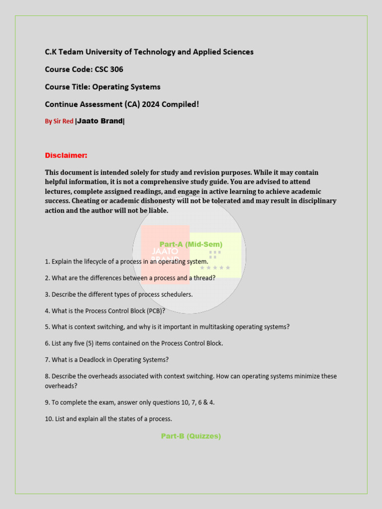 CSC 306 Operating Systems CA 2024 Guide | PDF | Scheduling (Computing ...