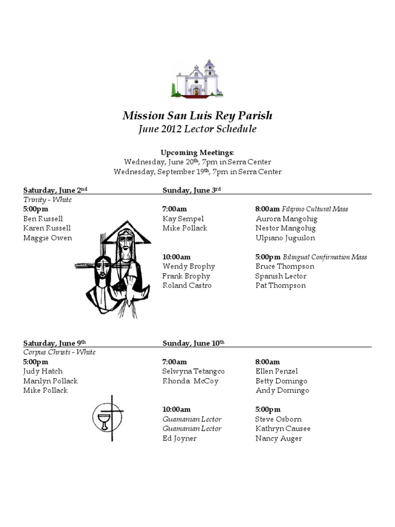 Lectors Ministry June 2012 Schedule | PDF | Religion & Spirituality