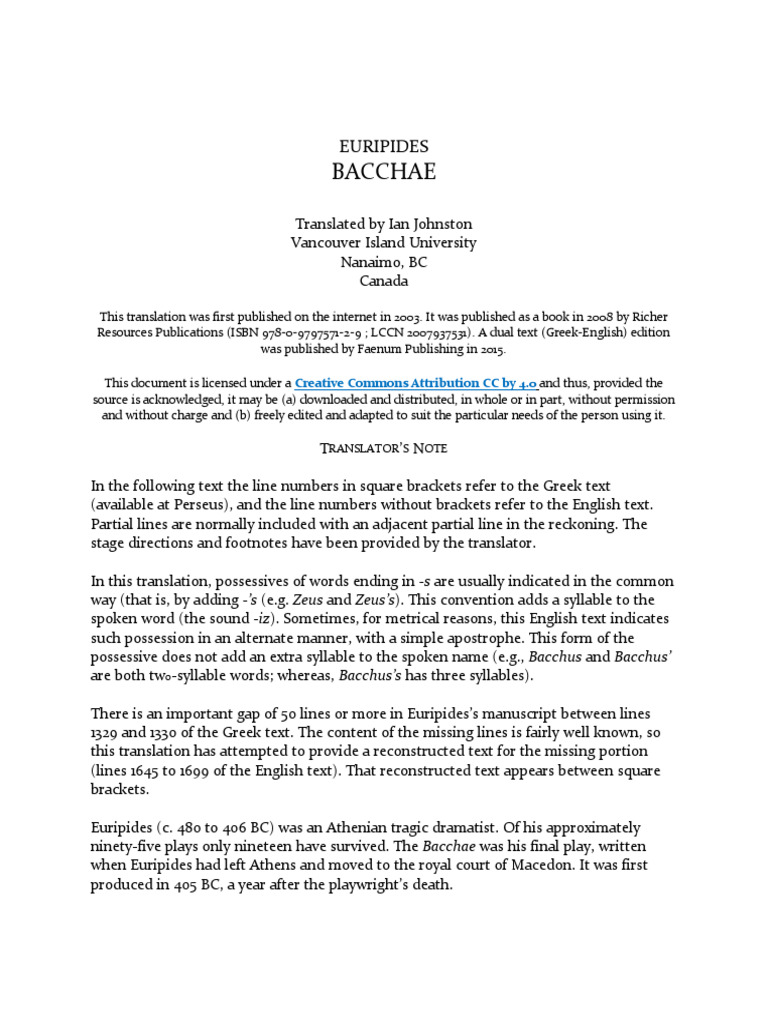 Bacchae PDF | PDF | Dionysus | Ancient Greek Religion