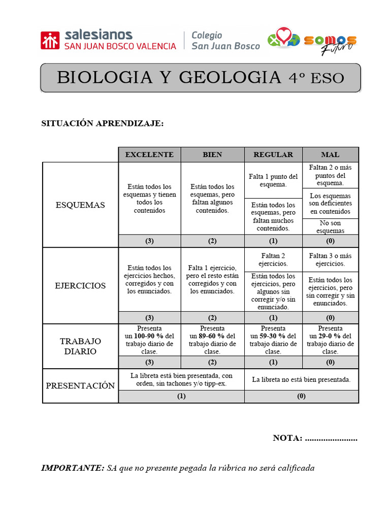 Rúbrica de Evaluación para Biología 4º ESO | PDF