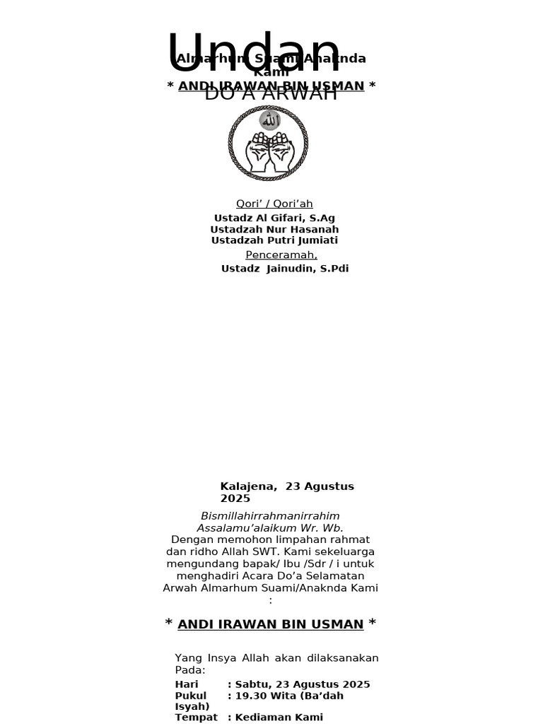 Undangan Do'a Selamatan Arwah Andi Irawan | PDF