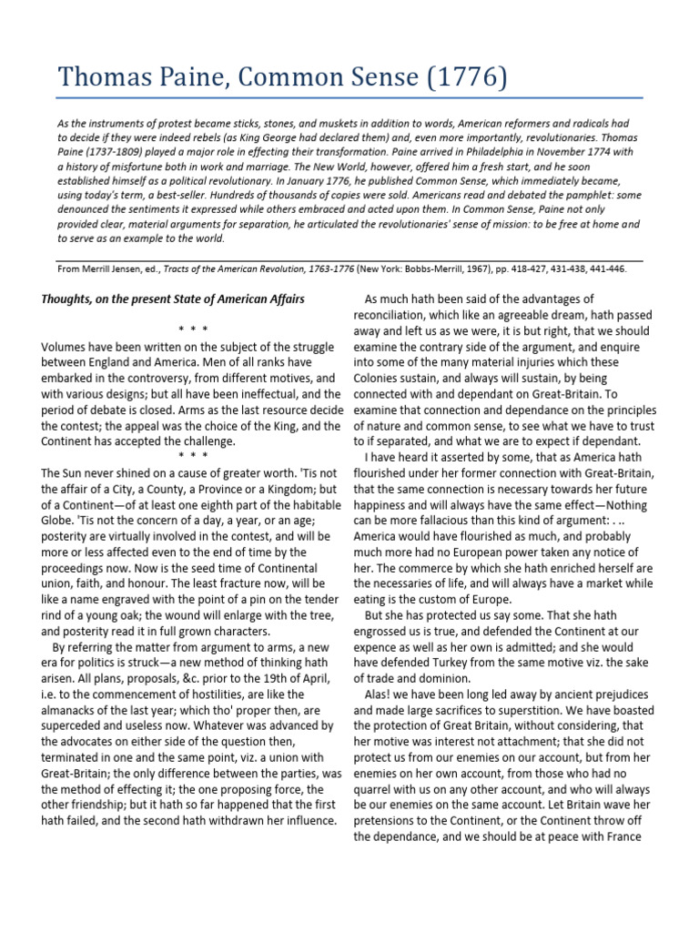 Thomas Paine's Common Sense Analysis | PDF | Common Sense | Thomas Paine
