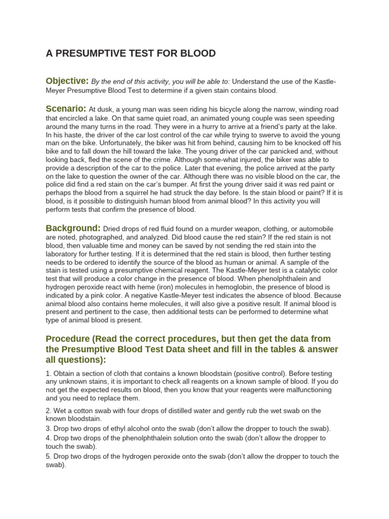 Kastle-Meyer Blood Test Procedure Guide | PDF | Chemistry