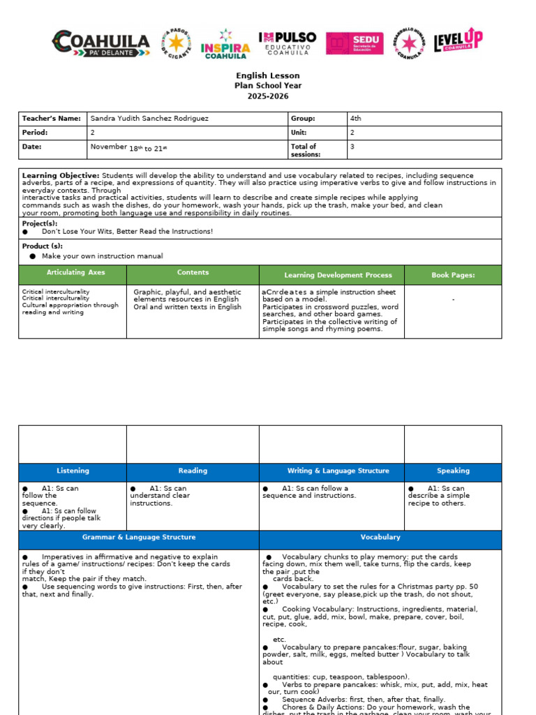 Lesson Plan 4th Grade Nov 18th U2 w3 1 | PDF | English Language | Human ...