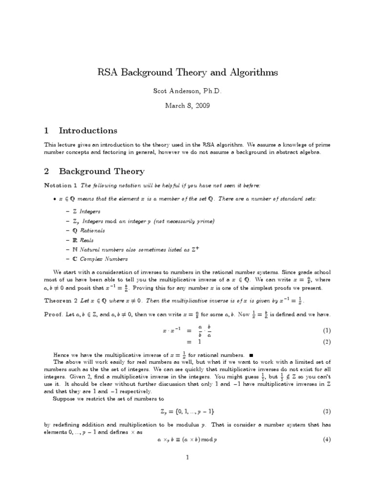 RSA Background Theory and Algorithms: 1 Introductions | PDF | Prime ...