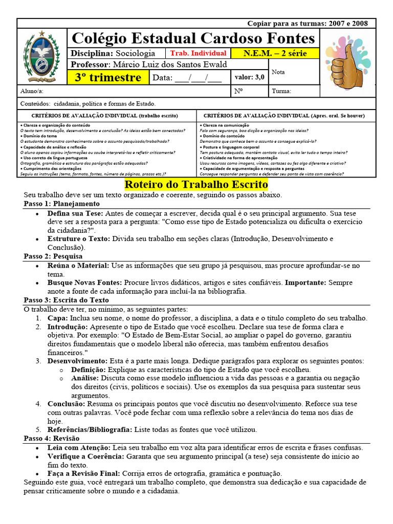 XxProva 2 Série 3 Trim Socio - NEM AV0 em Trabalho Individual - Tipos ...