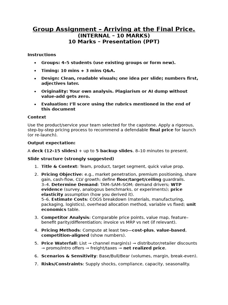Guidelines For Pricing Assingment Presentation | PDF | Pricing | Prices