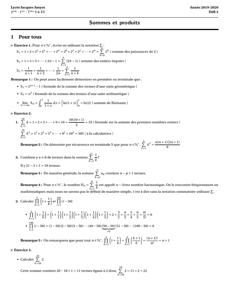 Sommes et produits en mathématiques | PDF | Somme (arithmétique ...