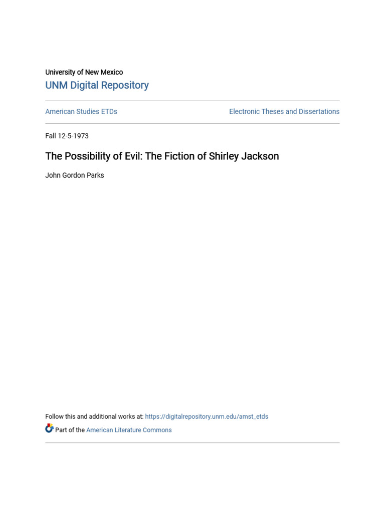 The Possibility of Evil: The Fiction of Shirley Jackson - Gordon Parks ...