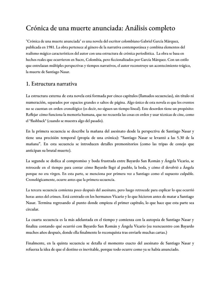 Análisis de "Crónica de una muerte anunciada" | PDF