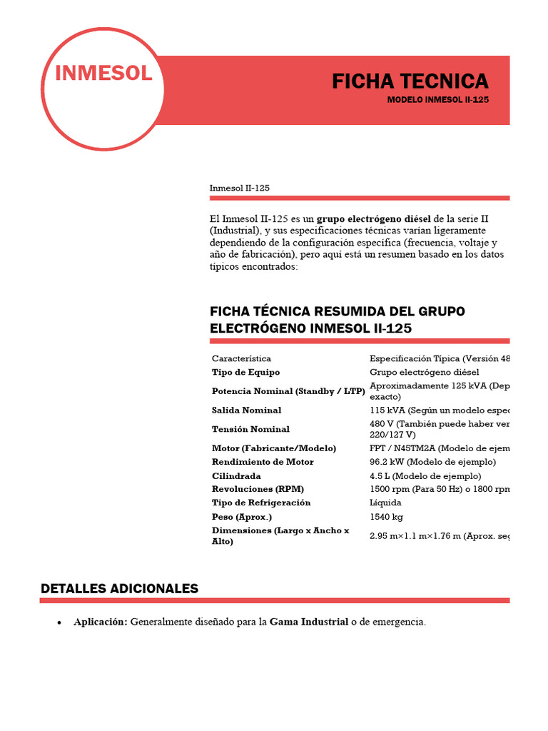 Ficha Técnica Grupo Electrógeno Inmesol II-125 | PDF | Industria ...