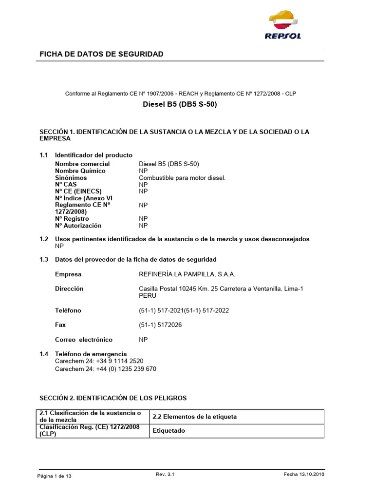 Ficha de Seguridad Diesel B5 (DB5 S-50) | PDF | Agua | Combustión