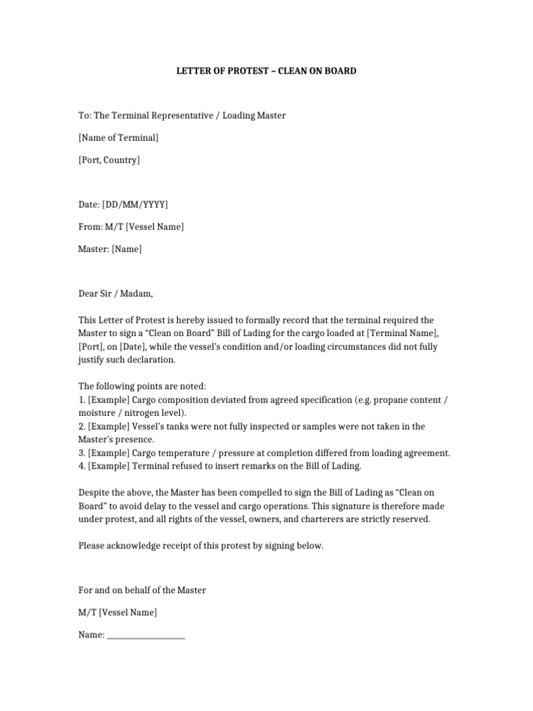Letter of Protest Clean on Board BSM | PDF