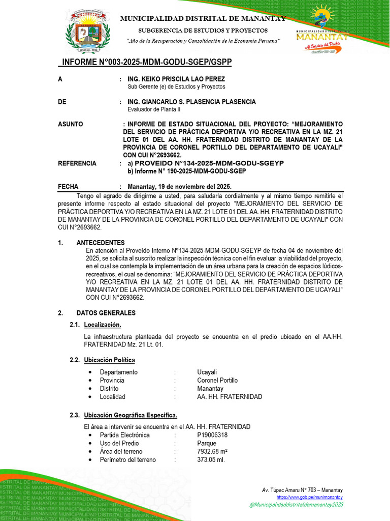 Informe sobre Proyecto Deportivo Manantay | PDF