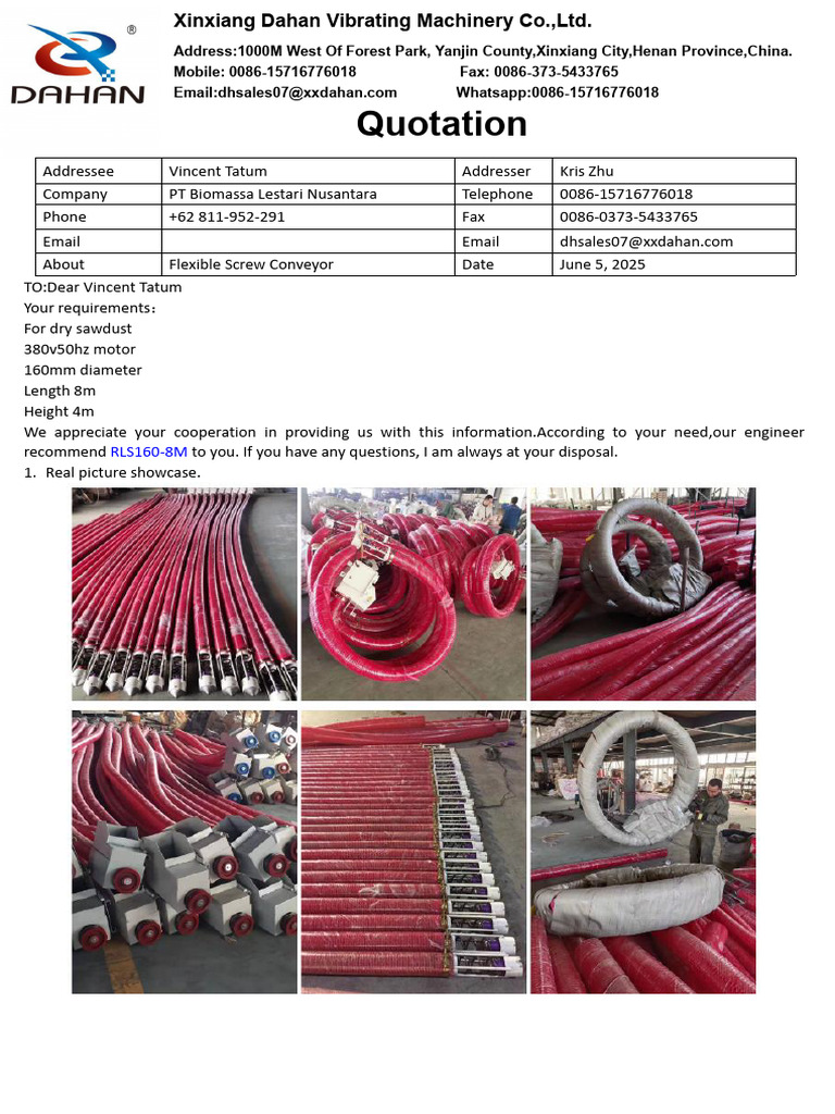 The Quotation and Details of RLS160-8M Flexible Screw Conveyor From Dahan Machinery | PDF | Screw