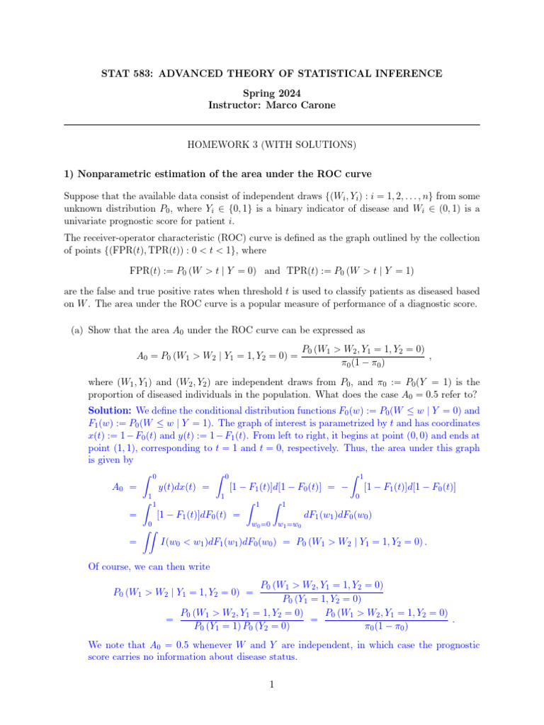 Homework3 Solutions | PDF | Receiver Operating Characteristic | Sensitivity And Specificity