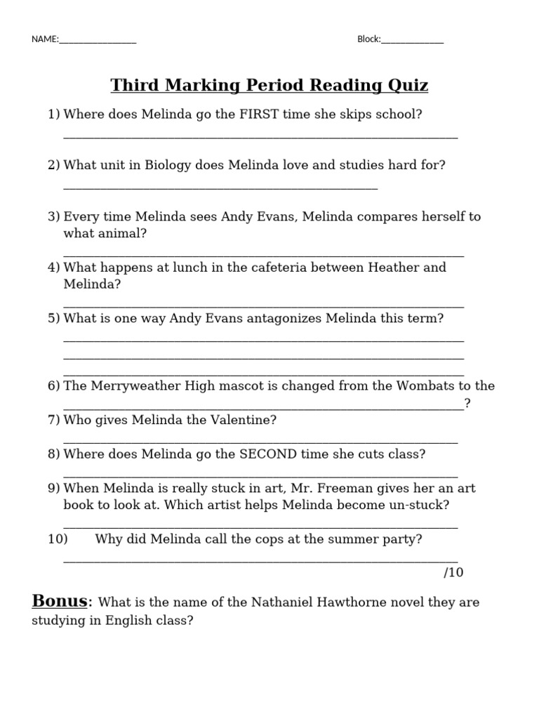 Third Marking Period Reading Quiz | PDF