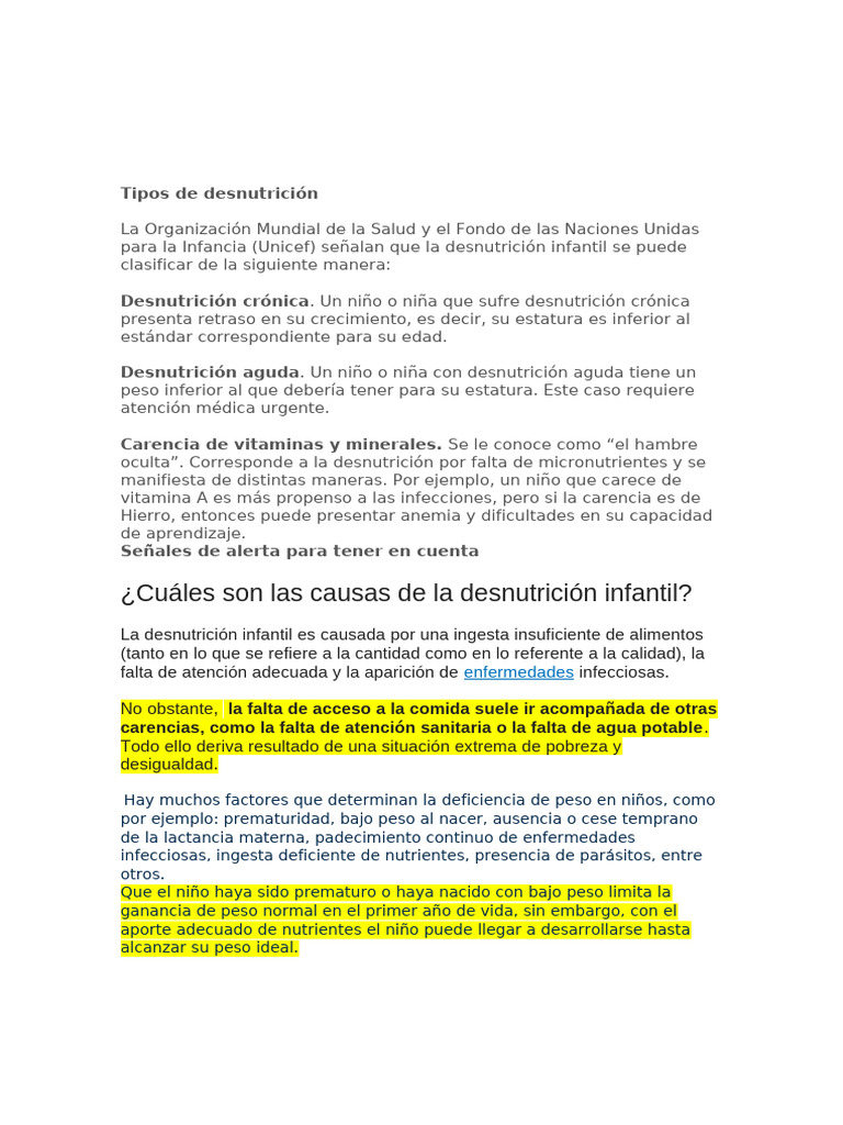 Tipos De Desnutrición Pdf Desnutrición Determinantes De La Salud