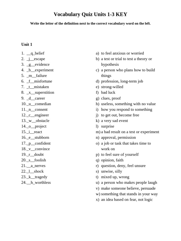 Vocabulary Quiz Units 1-3 KEY | PDF