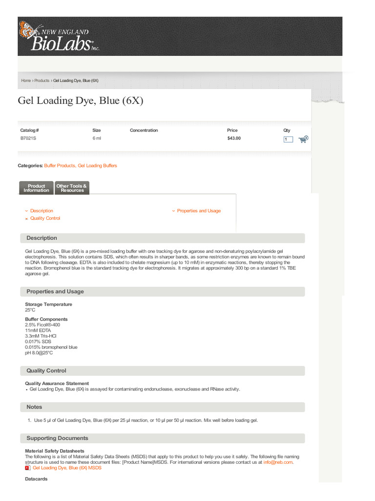 Dye 6x Biolabs | PDF | Agarose Gel Electrophoresis | Biotechnology