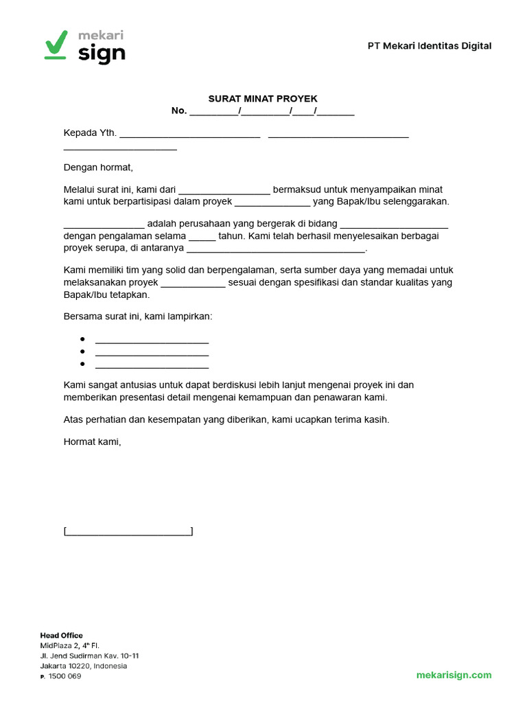 Template Contoh Surat Minat Proyek Mekari Sign.docx 1 | PDF