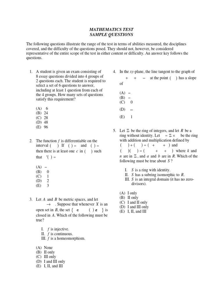 Mathematics Test Sample Questions | PDF | Basis (Linear Algebra ...
