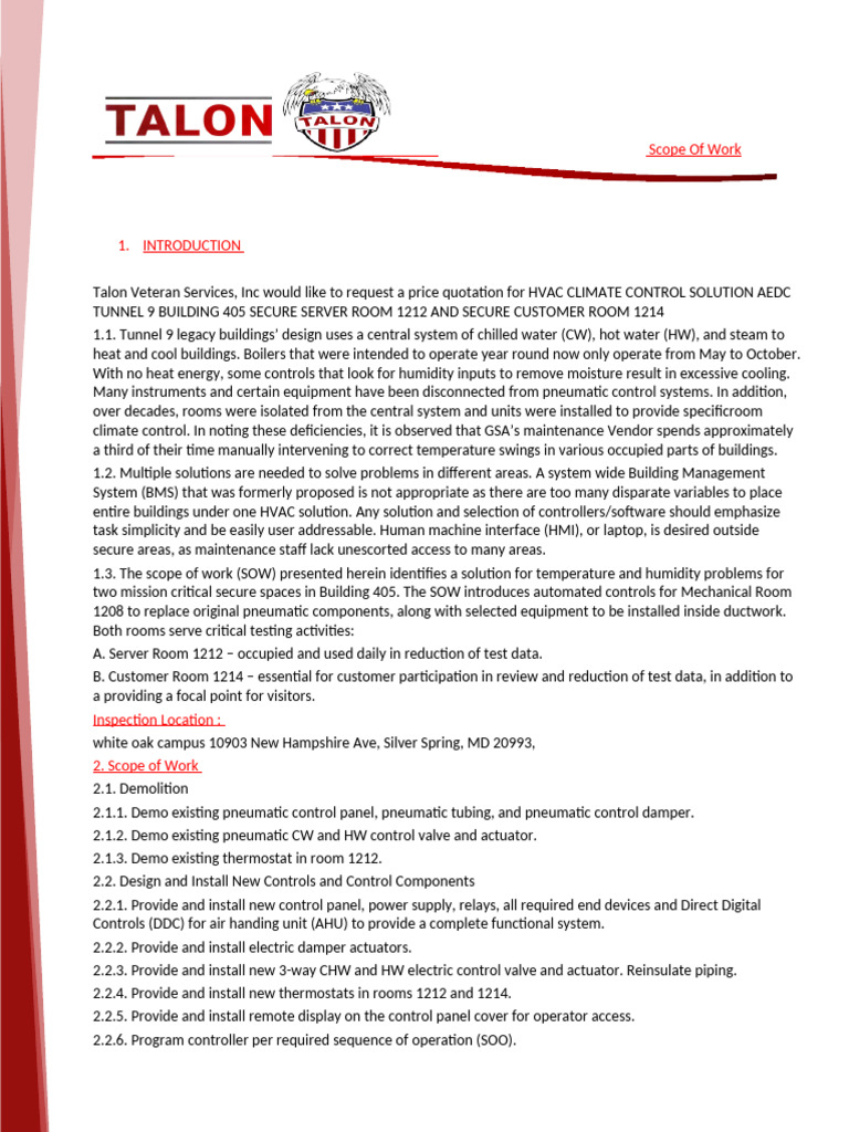 SOW HVAC Climate Control Solution AEDC Tunnel 9 | PDF | Thermostat ...