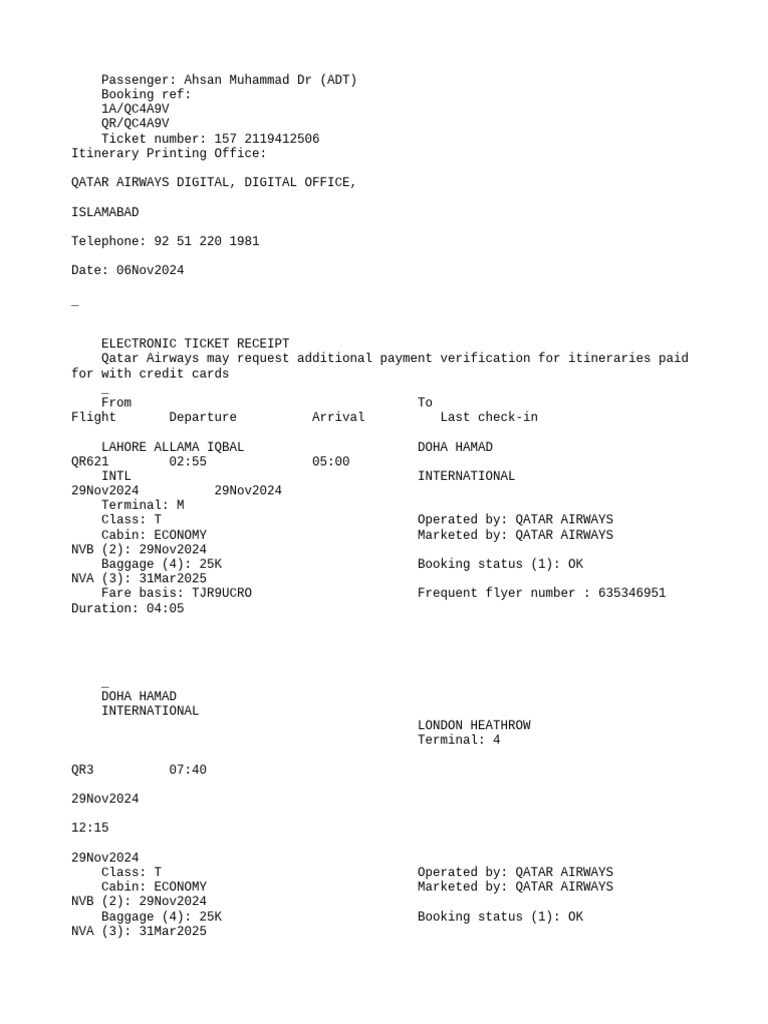 Qatar Airways Electronic Ticket Details | PDF