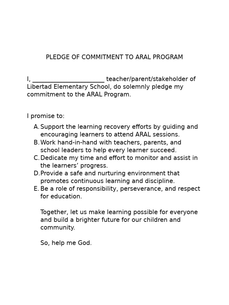 Pledge of Commitment To Aral Program | PDF