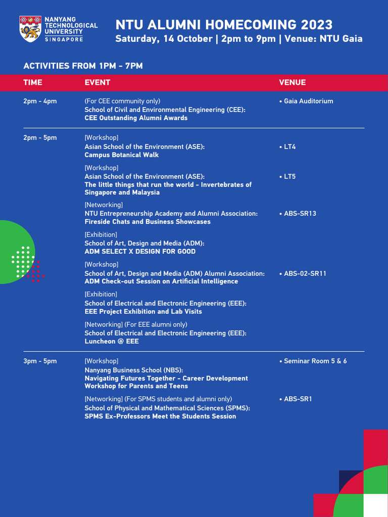 NTU Alumni Homecoming 2023 Events | PDF | Science | Engineering