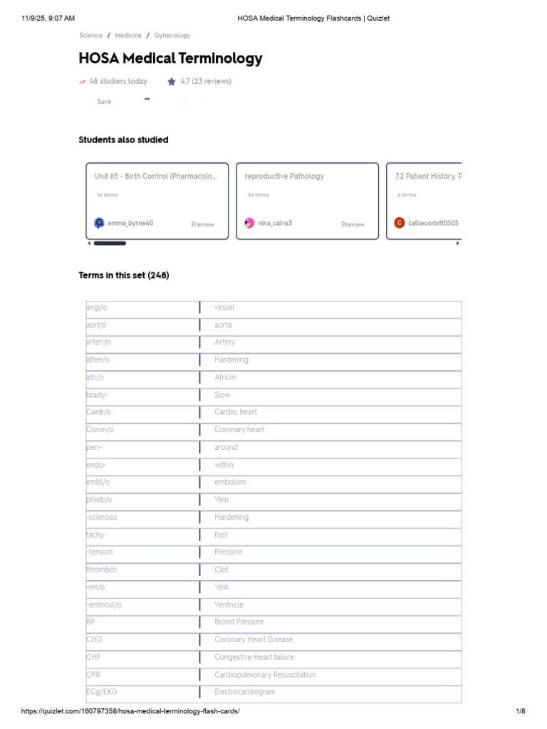 HOSA Medical Terminology Flashcards | PDF | Heart | Gastrointestinal Tract