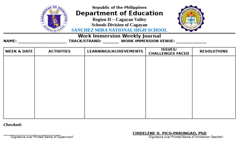 Work Immersion Weekly Journal Template | PDF