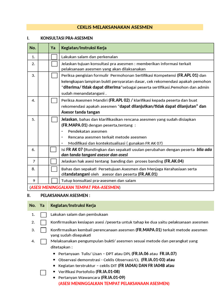 Ceklis Melaksanakan Asesmen Ok | PDF