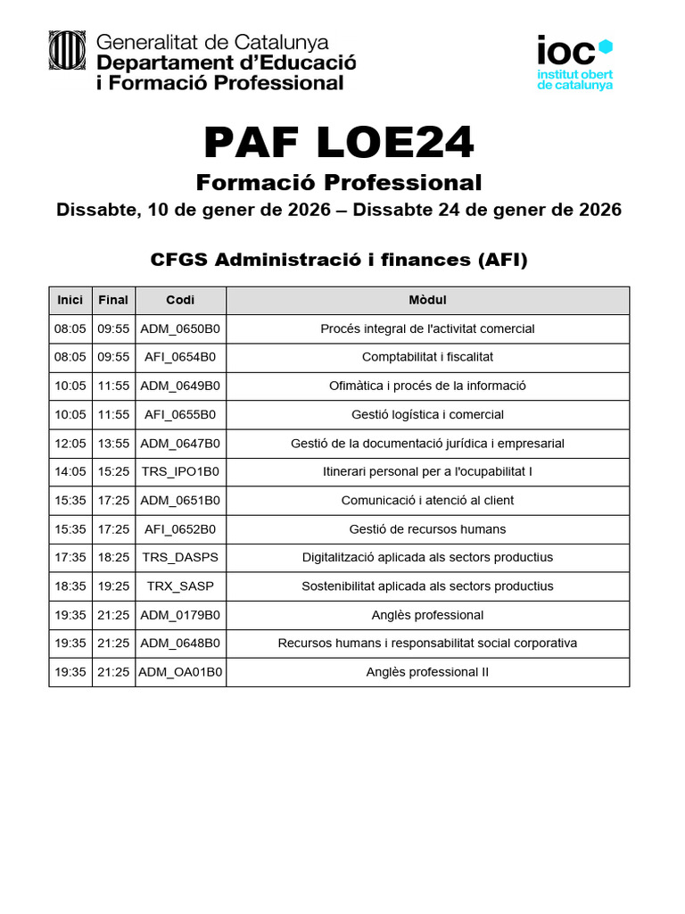 2526S1 HorarisPAF AFI24 | PDF