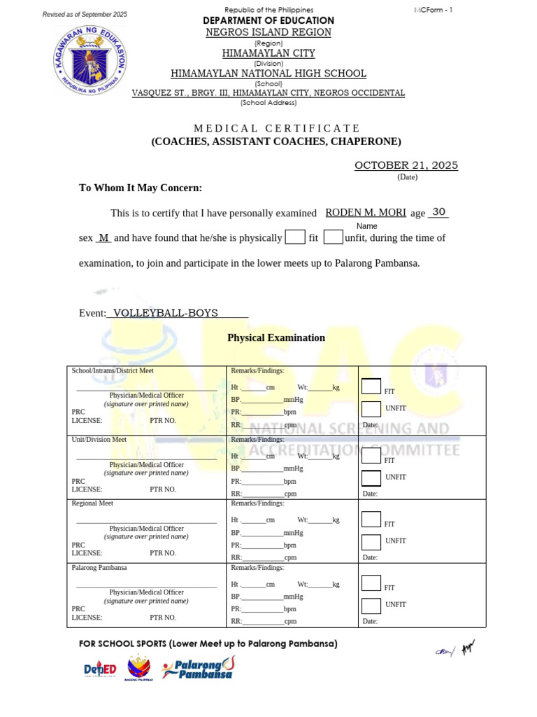 Medical Form 1 For Coaches Asst Coaches Chaperones v2025 | PDF | Health ...