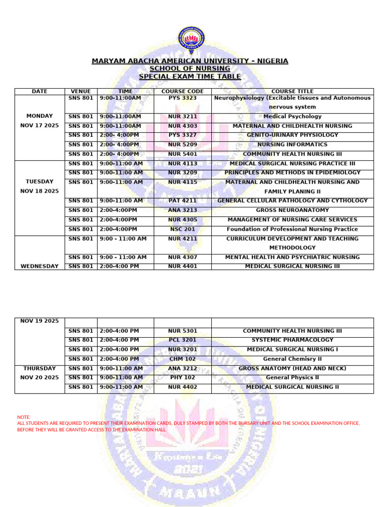 Nursing Special Exam Timetable 2025 | PDF | Health Care | Medical ...