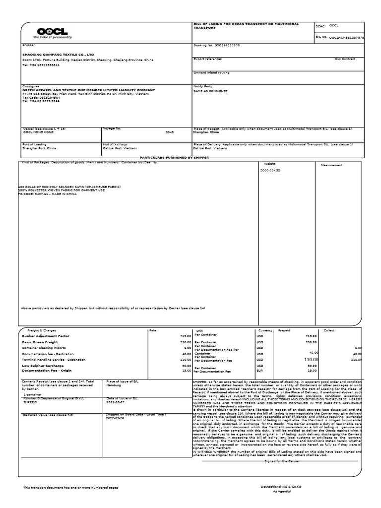 Bill of Lading 1 | PDF | Bill Of Lading | Cargo