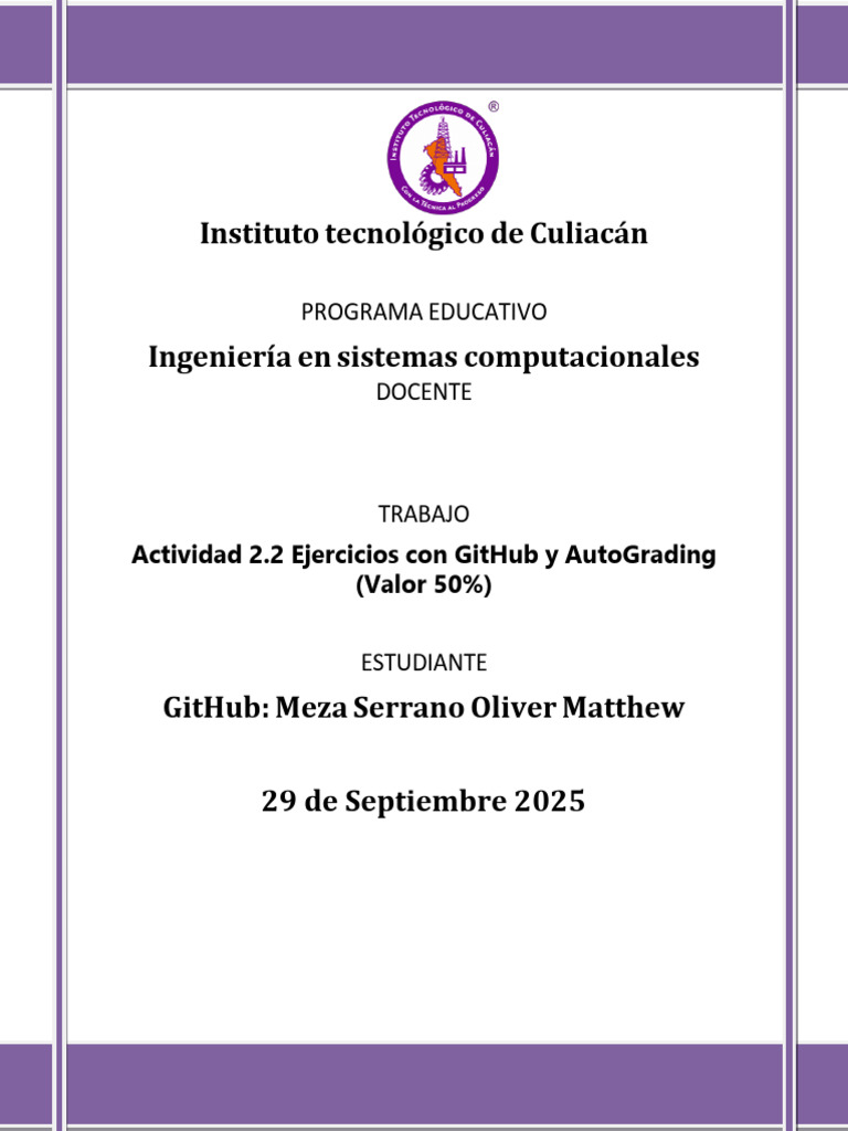 Actividad 2.2 Ejercicios Con GitHub y AutoGrading -MezaSerrano-OliverMatthew | PDF