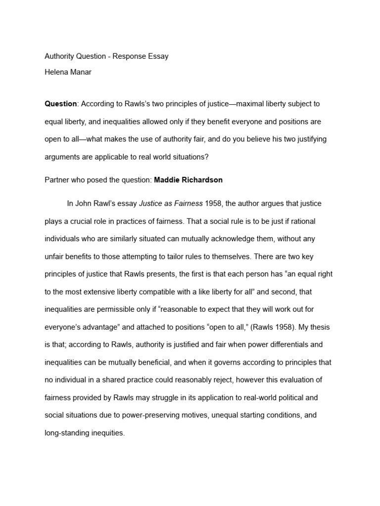Authority Question - Response Essay | PDF | John Rawls | Justice