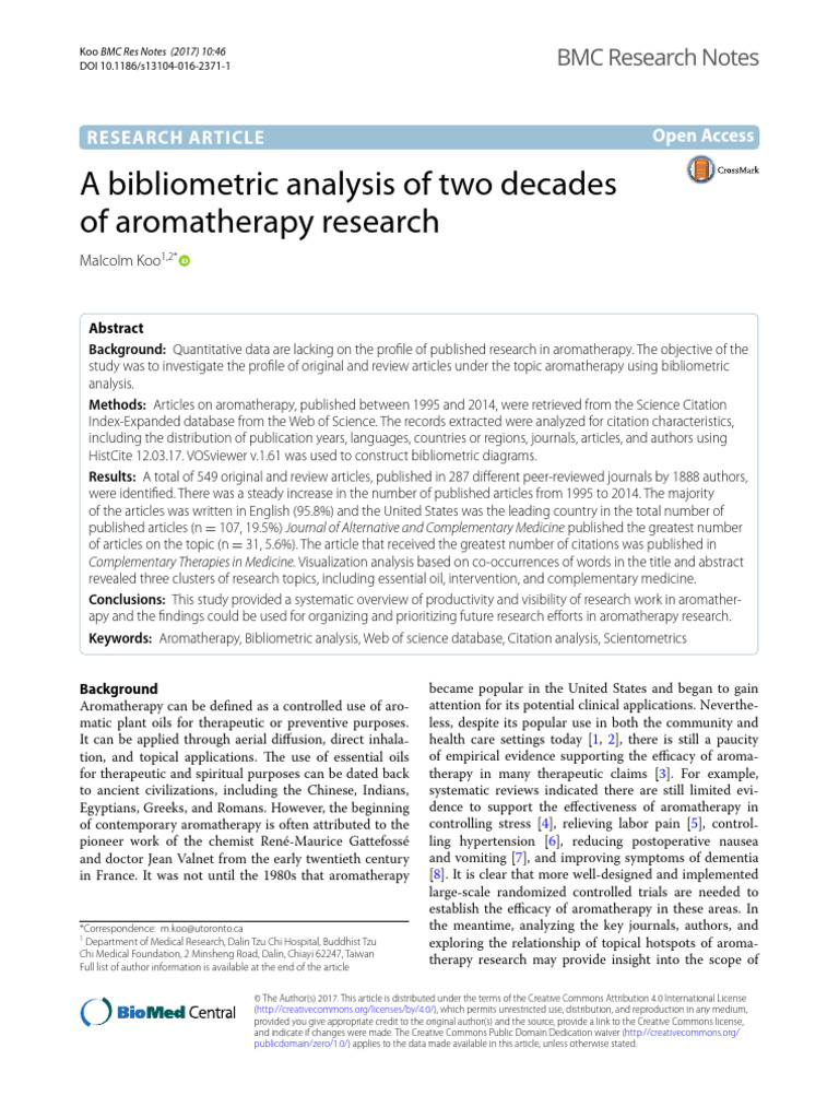 Koo M A Bibliometric Analysis of Two Decades of Aromatherapy Research ...