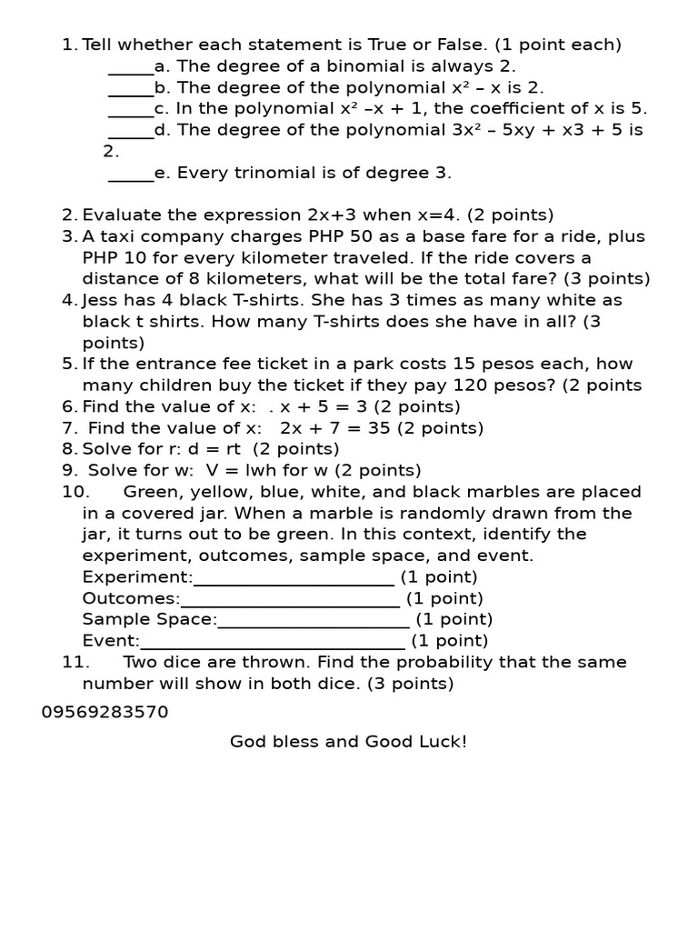 Math 7 Long Quiz | PDF