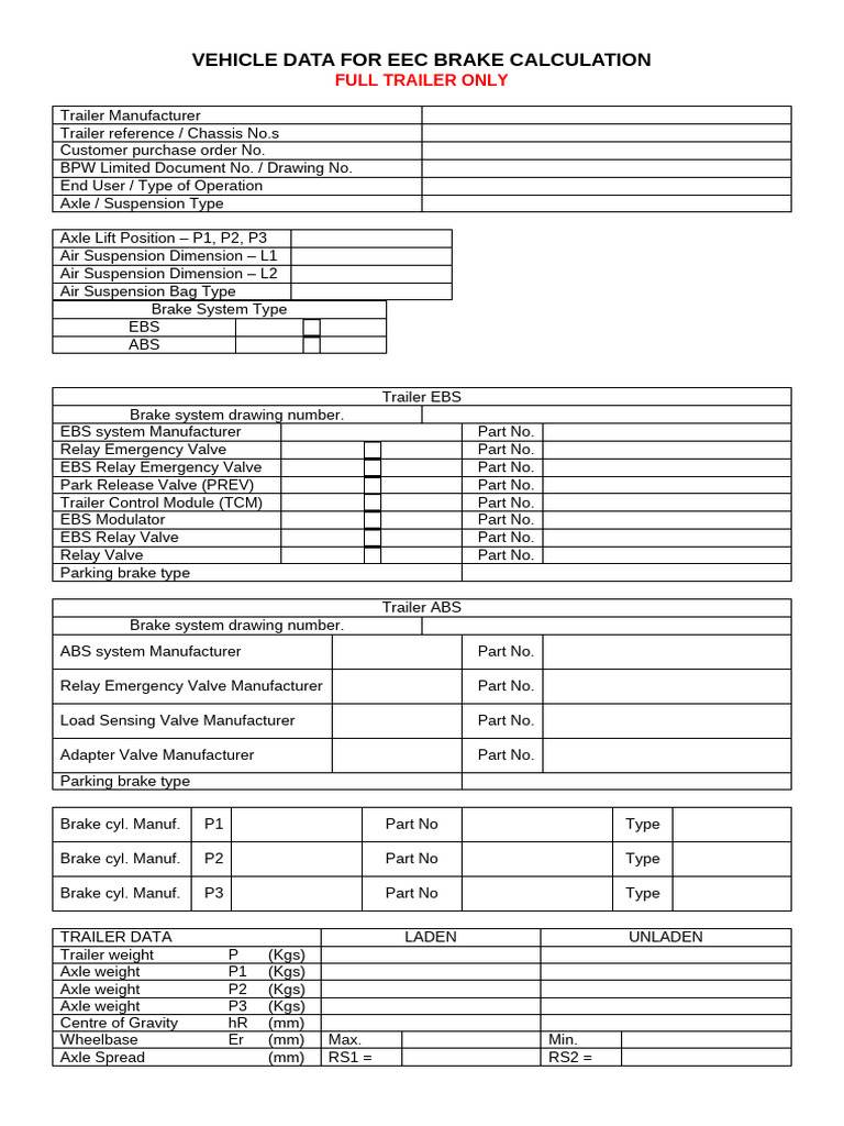 EEC Brake Calculation Vehicle Data | PDF