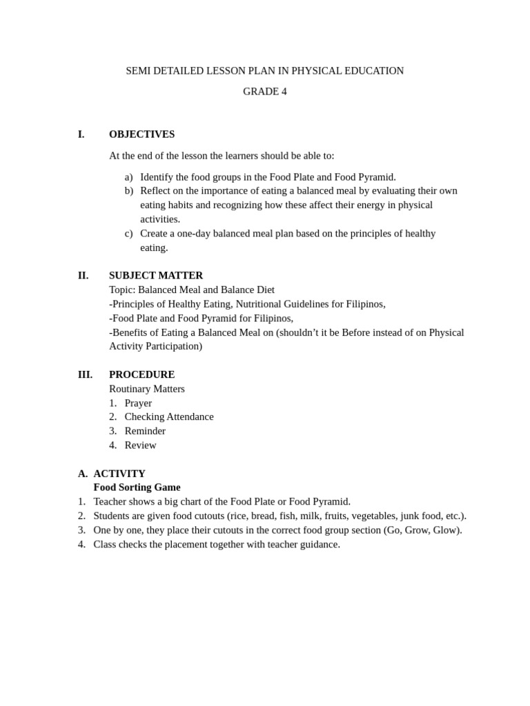 Grade 4 Lesson Plan: Balanced Meals | PDF | Meal | Foods