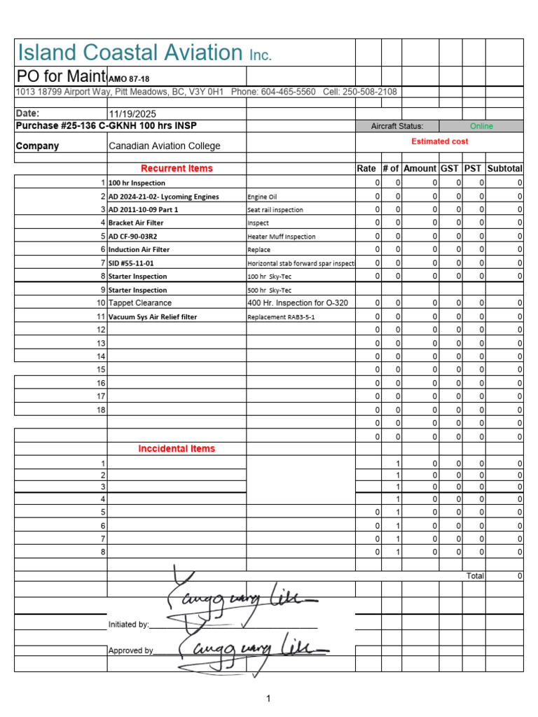 2025-11-19 PO#ICA25-136 C-GKNH 100hrs INSP | PDF | Aviation | Aircraft